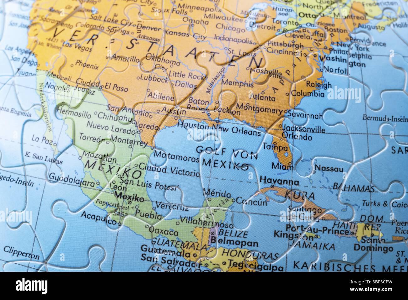 Puzzle globe. Map made from puzzle pieces. Gulf of Mexico Stock Photo ...