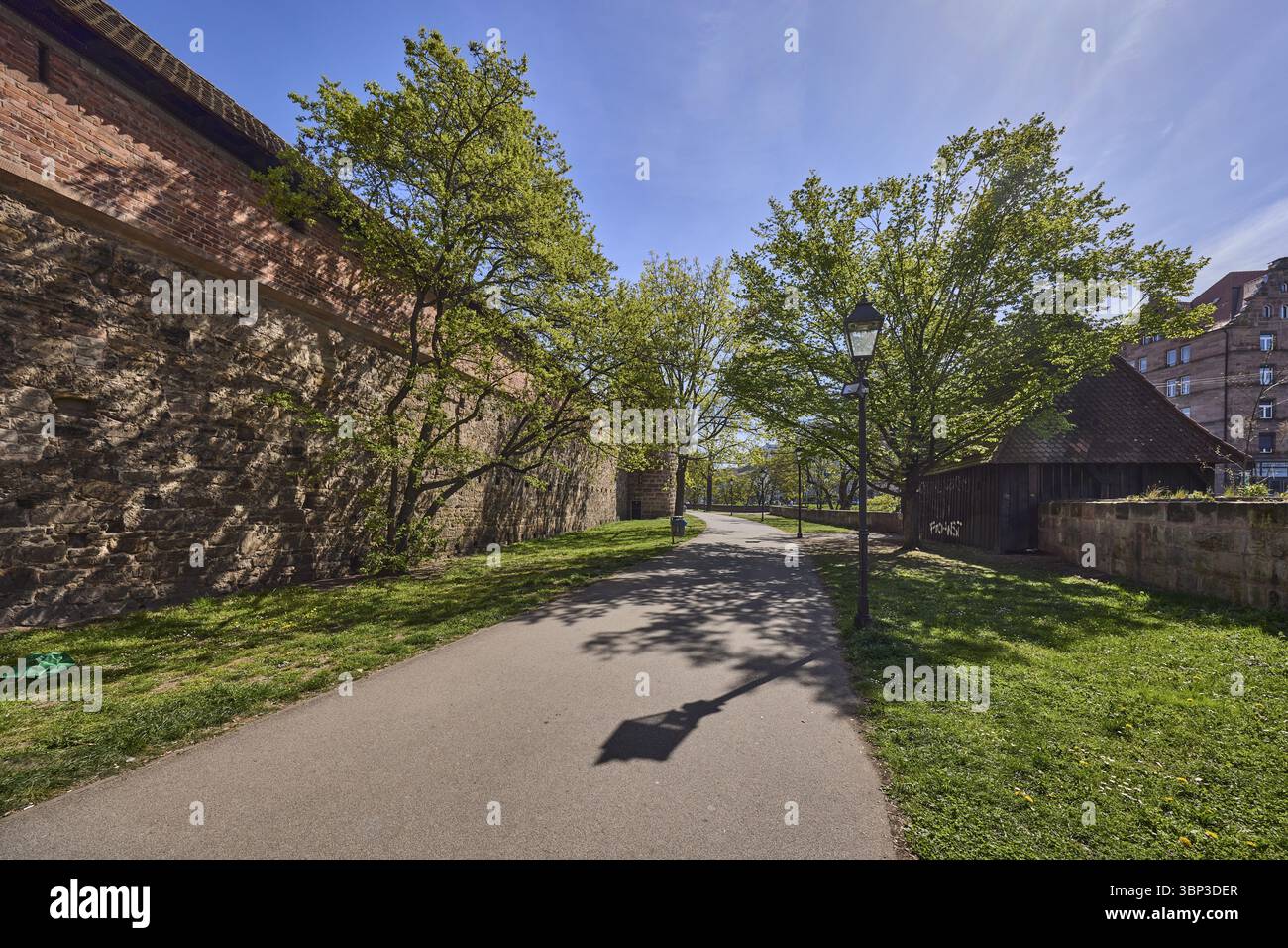 Old town, city fortification, city wall, footpath, trees, lawn, lantern ...