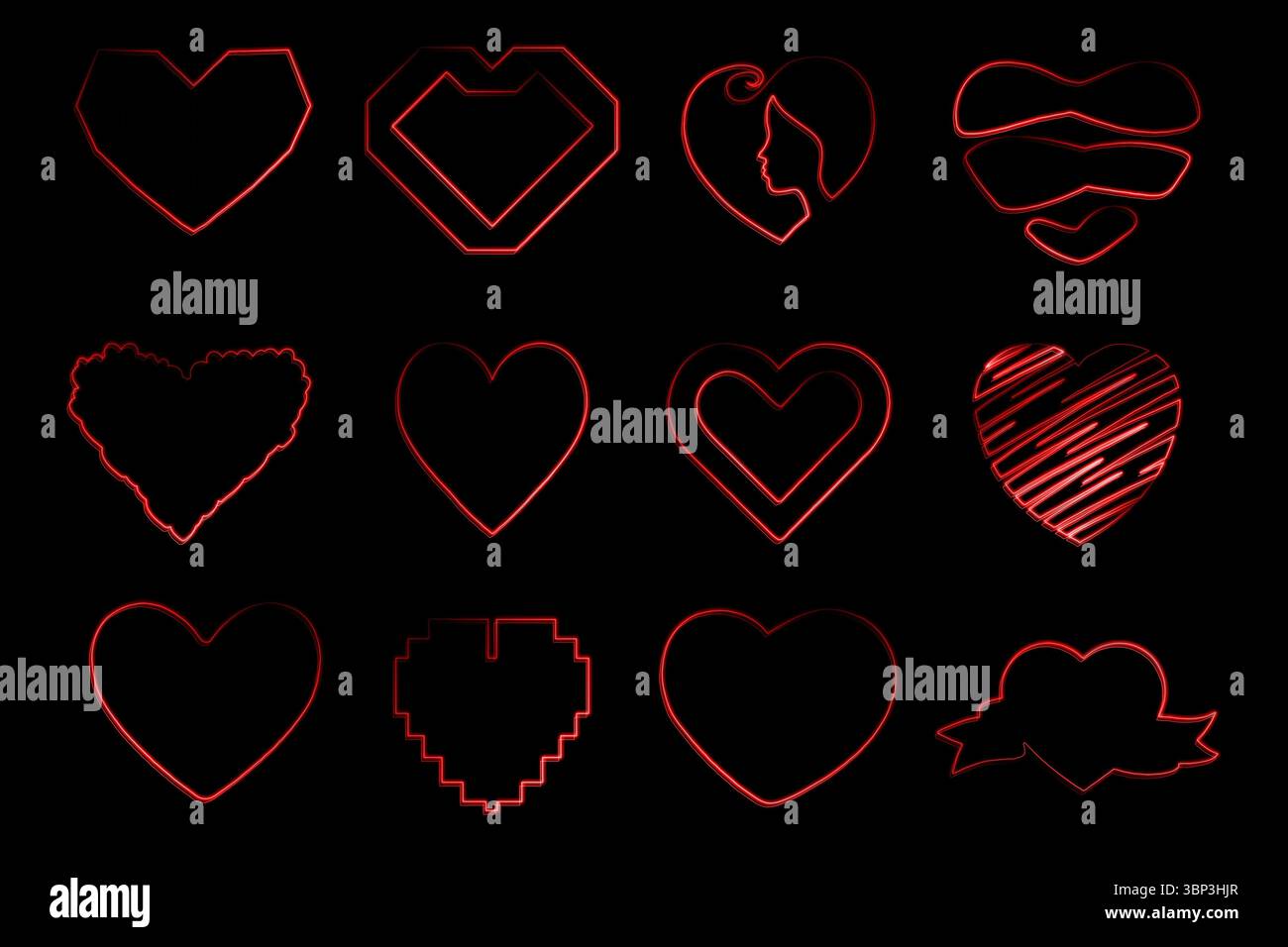 Sixteen neon red heart outlines are glowing in flat vector grid on ...