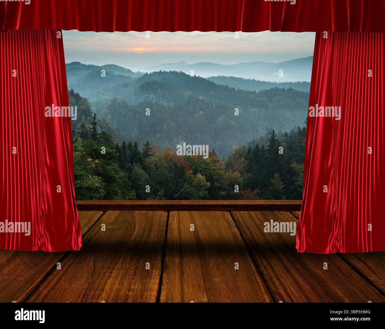 Flat design showing red velvet curtains framing wood stage planks with ...