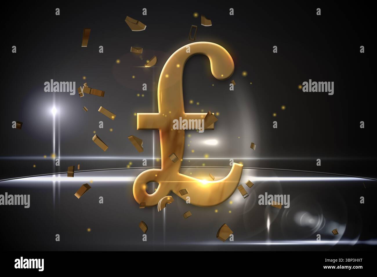 Gold pound sign is floating above glossy platform in dark 3D render ...