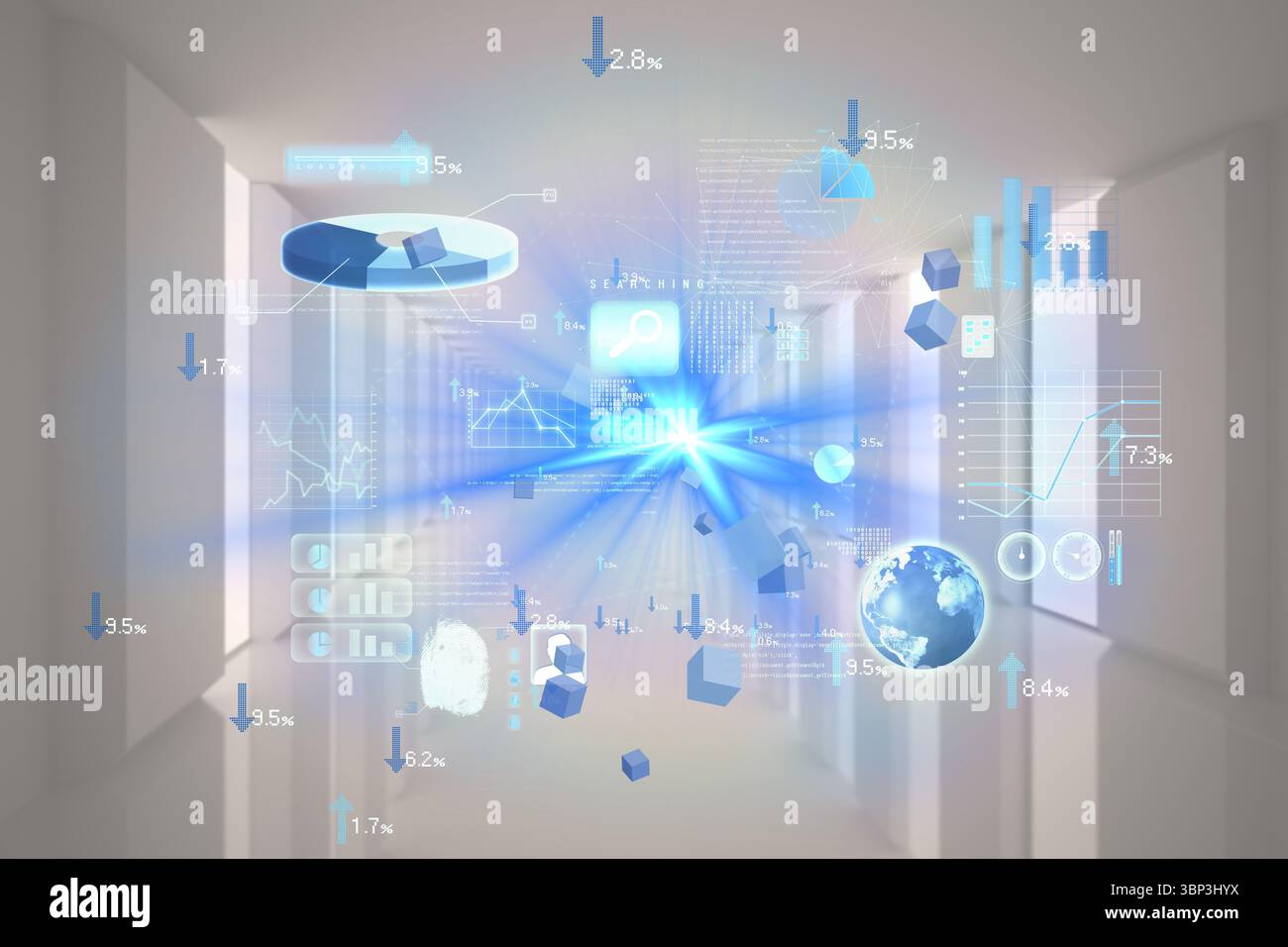 3D render is projecting floating holographic charts cubes globe search ...