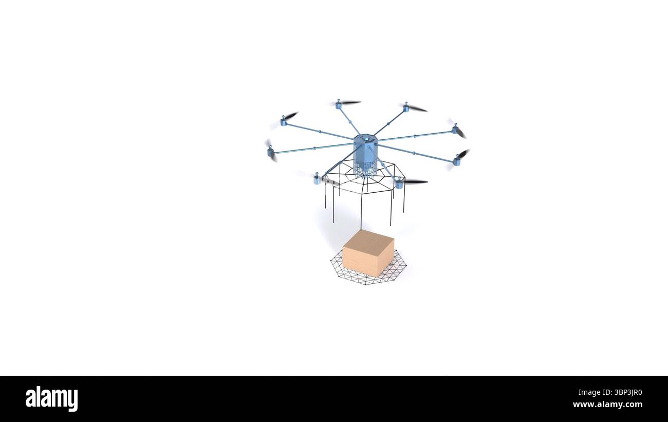 Drone delivers parcels autonomous logistics on white bg 3d render Stock ...