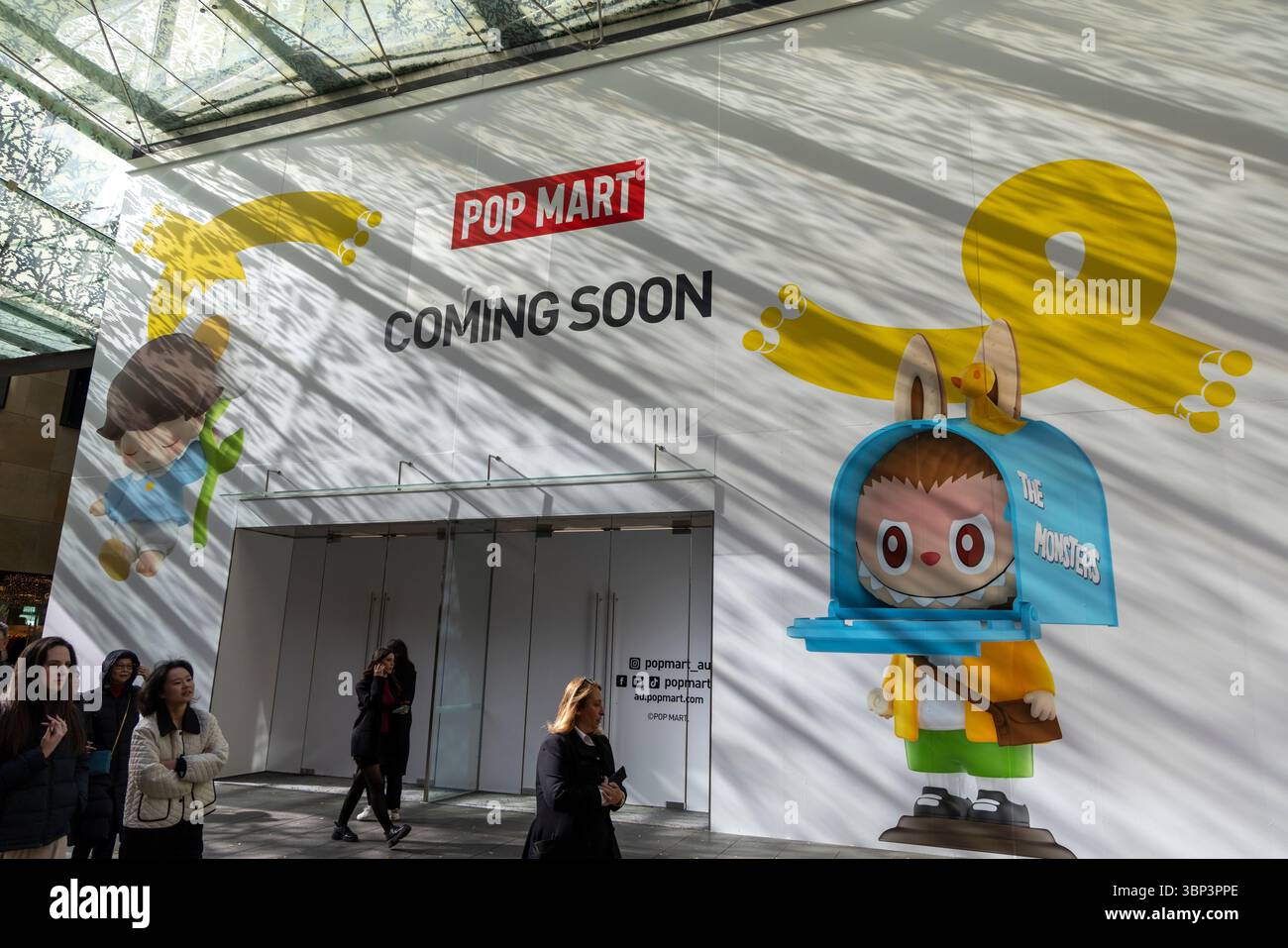 Sydney city centre, shop hoarding advertising that store Pop Mart will ...