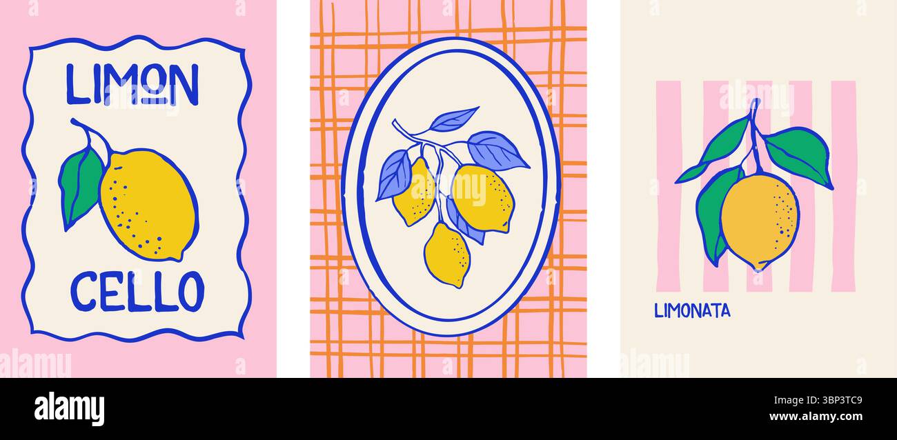Vintage summer designs with lemon illustrations and seamless patterns ...