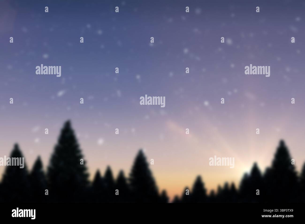 Pine tree silhouette is blending into glowing twilight sky gradient ...