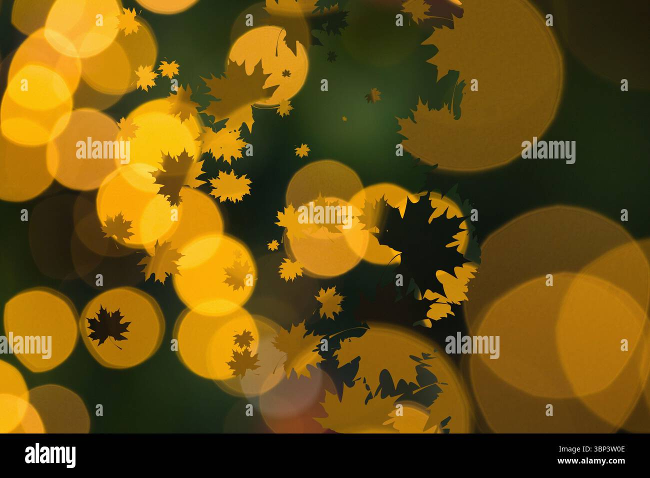Multiple maple leaf silhouettes are floating over golden-yellow bokeh ...