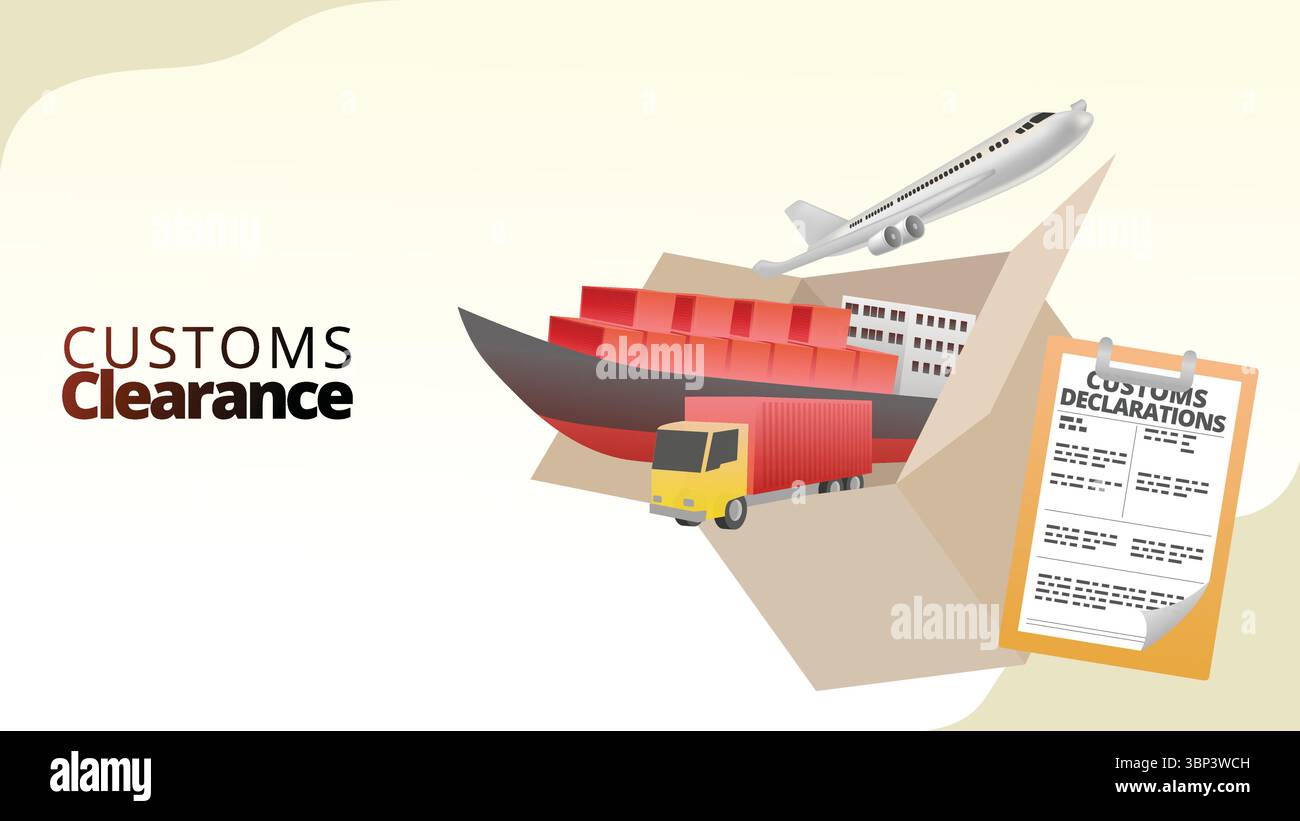 customs clearance cponcept. custom declarations paper with ship, turck and aeroplane. supply ...