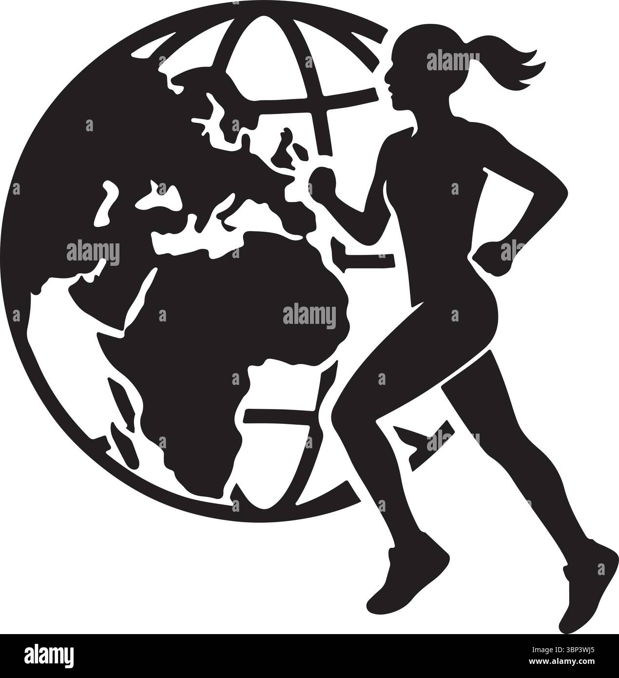 Global Running Icon – Woman Jogging Around the World Earth Silhouette ...