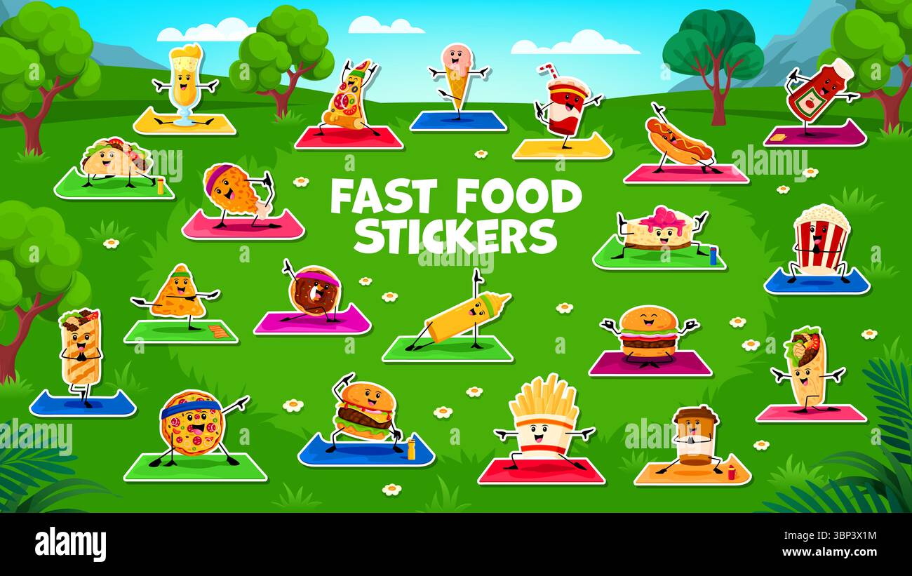 Cartoon fast food characters on yoga fitness, stickers pack. Taco ...