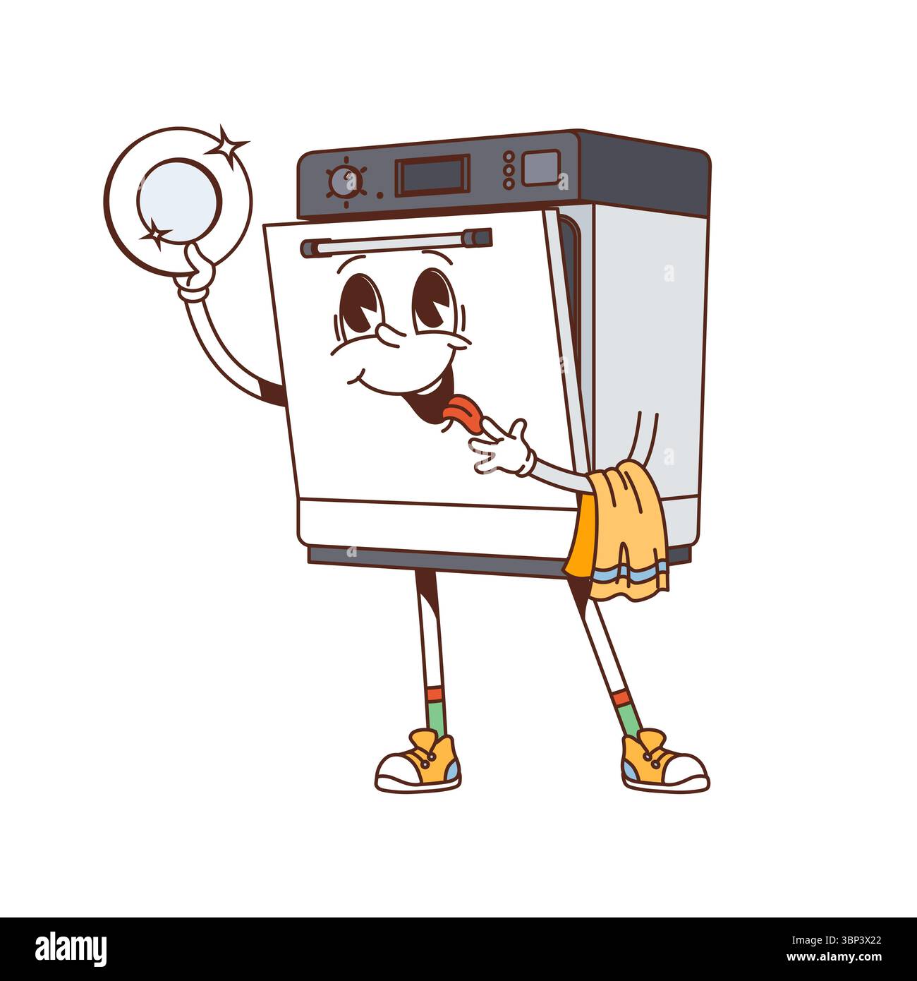 Cartoon groovy happy retro dishwasher furniture and interior character ...