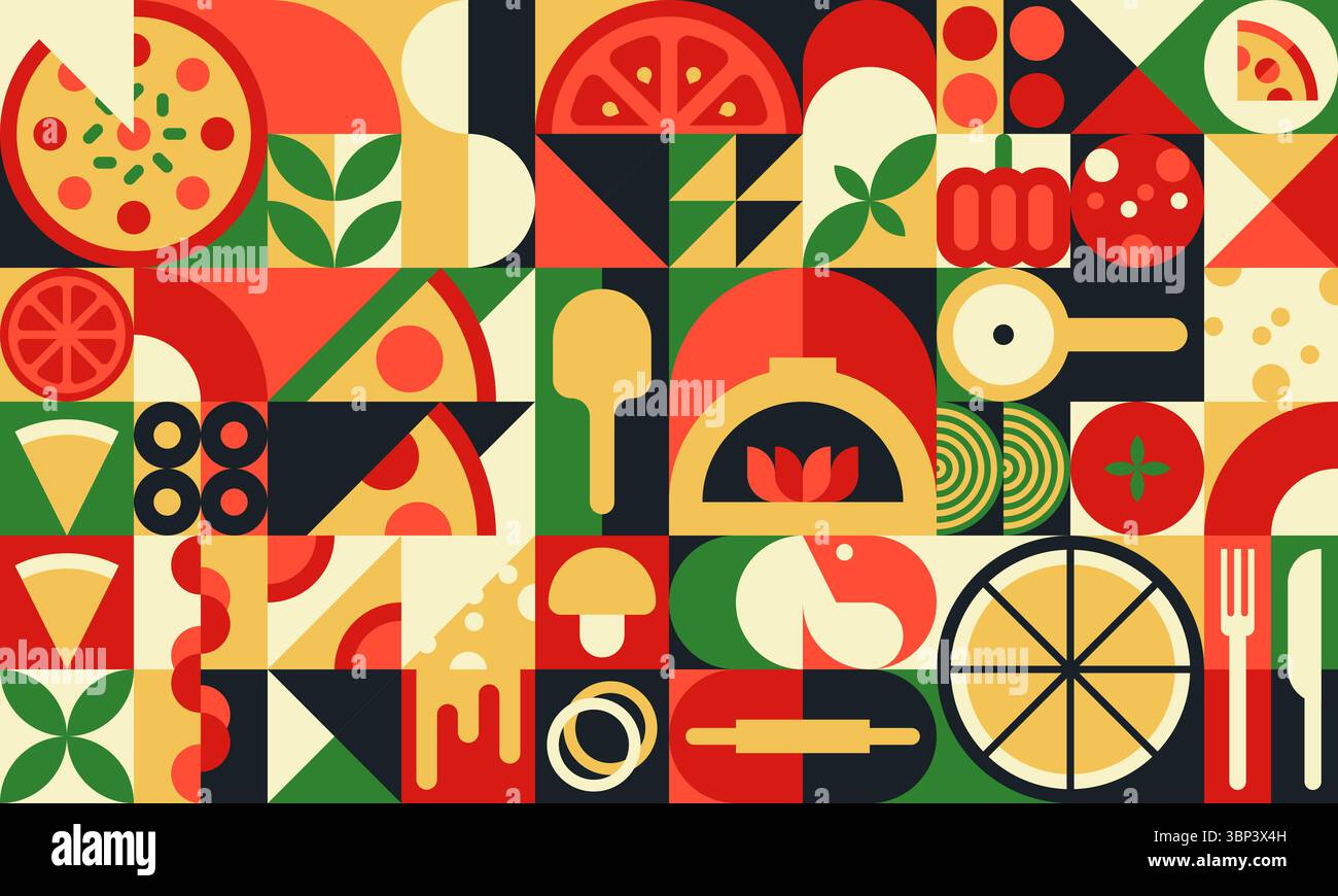 Pizza modern geometric pattern with pizza slices, ingredients and ...