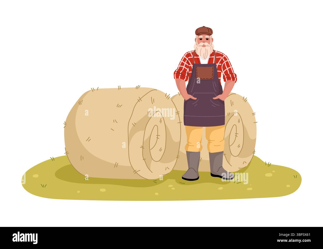 Farmer gardener character and hay rolls on field for agrarian ...