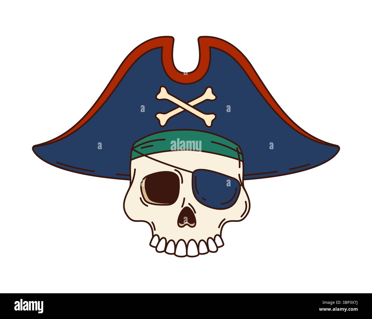 Cartoon groovy skull pirate, corsair and captain character in cocked hat. Isolated vector Jolly ...