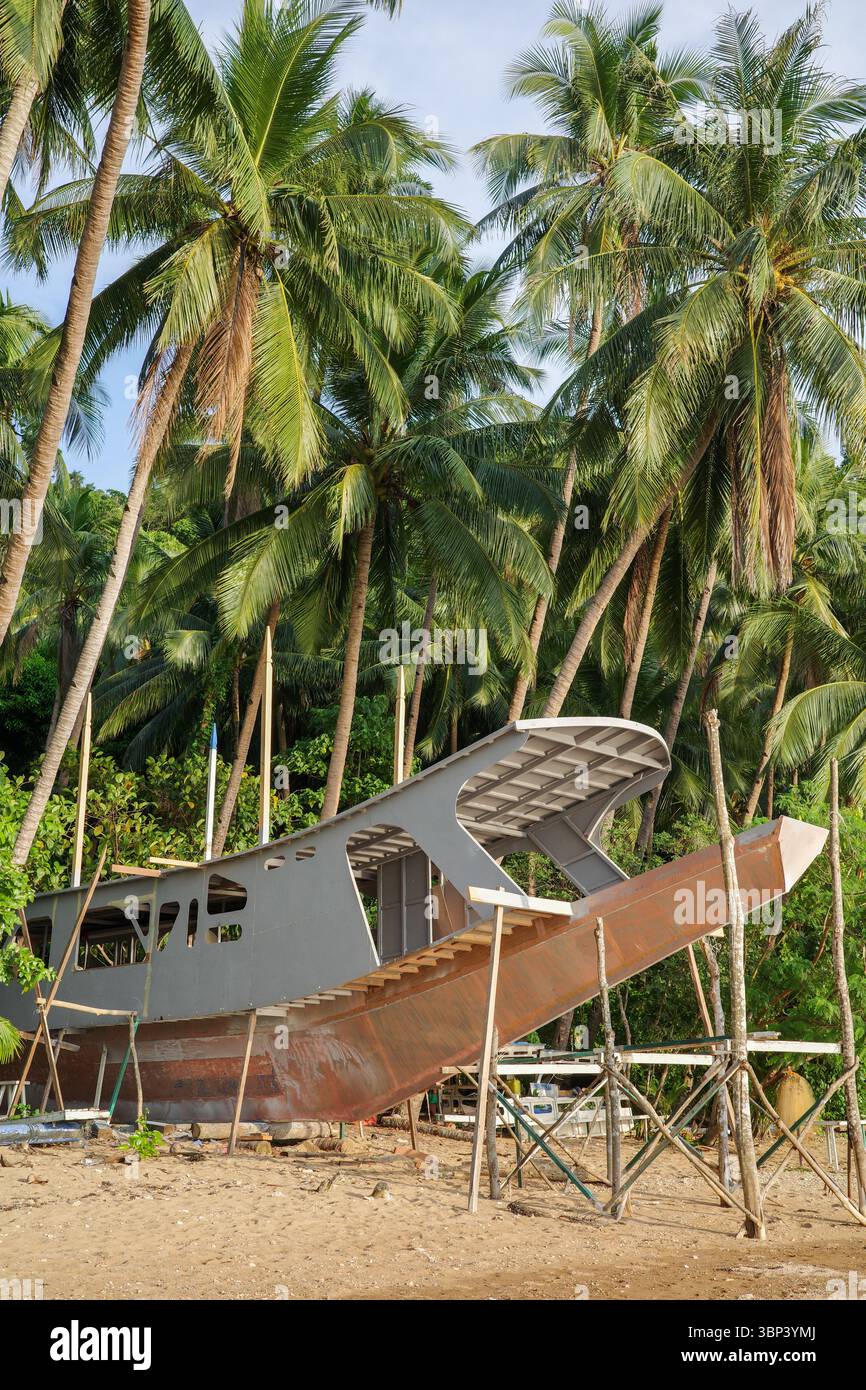 Boat under construction in a tropical palm grove, El Nido, Palawan ...