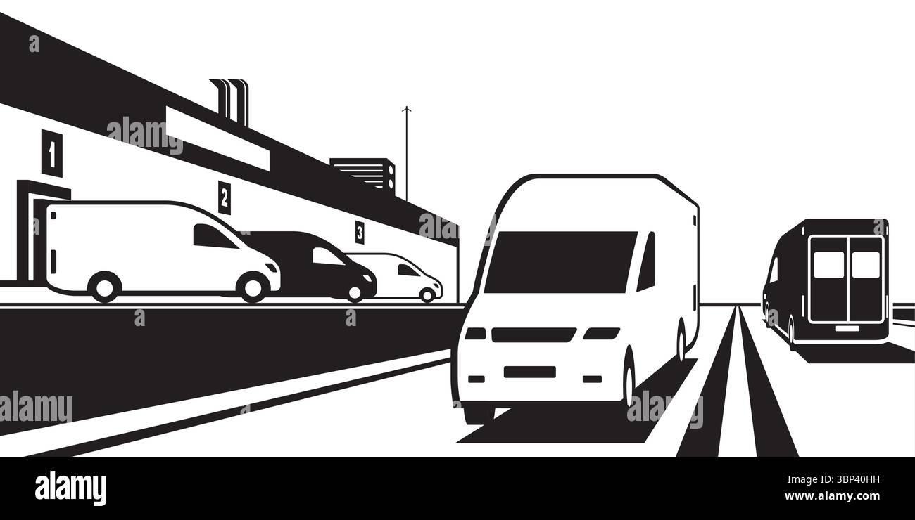 Pickups loading and carrying goods from warehouse - vector illustration ...