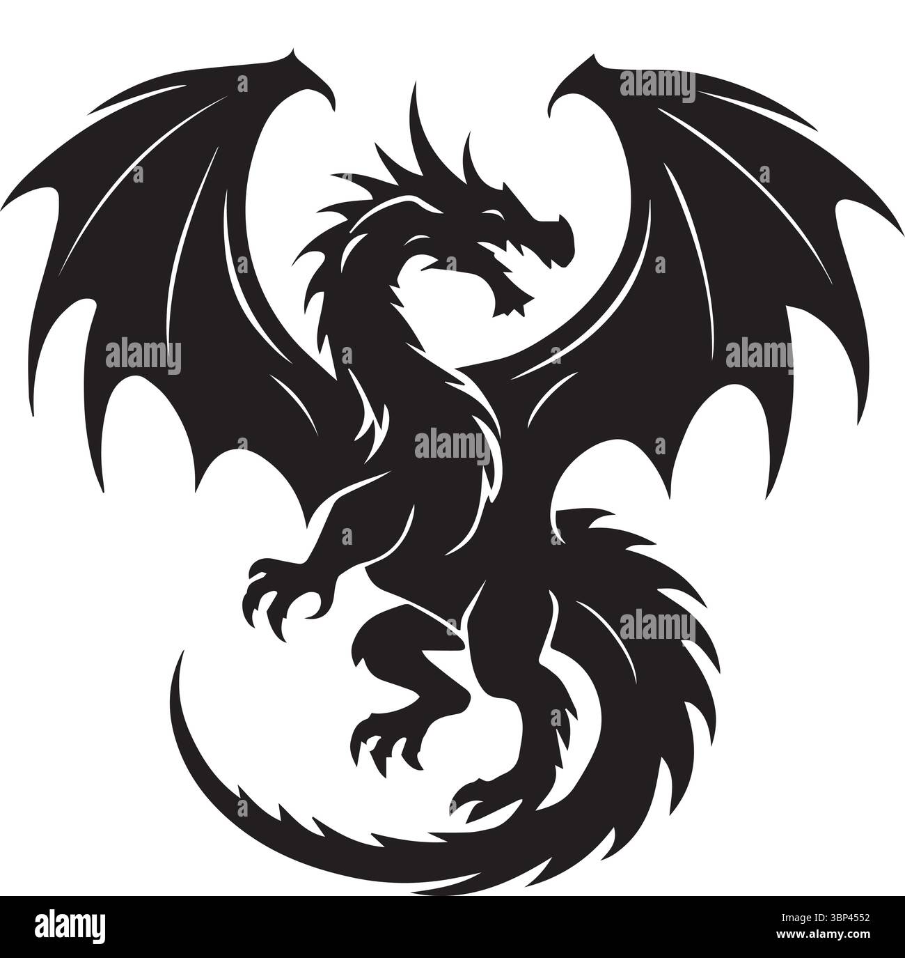 Silhouette of Fierce Dragon with Wings and Curved Tail in Fantasy Style ...