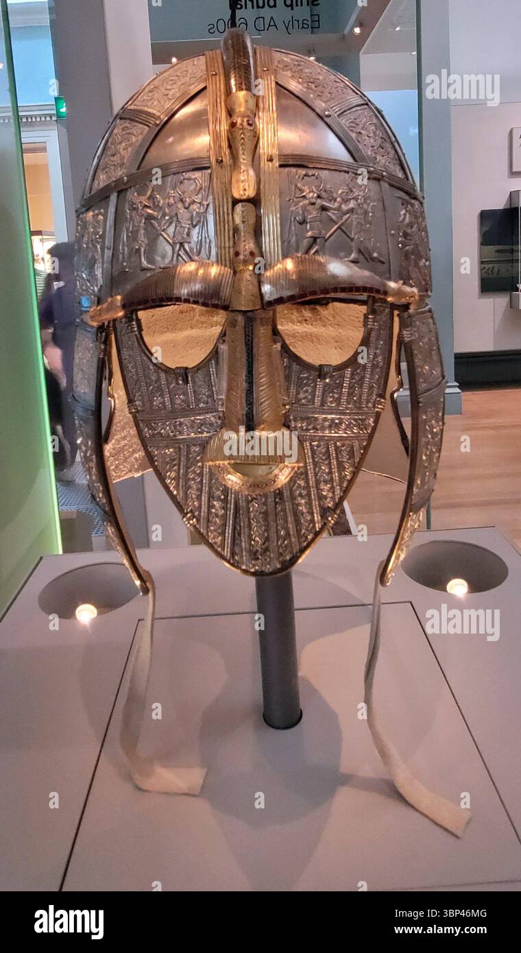 A photograph of the reconstructed Sutton Hoo helmet, an Anglo-Saxon ...
