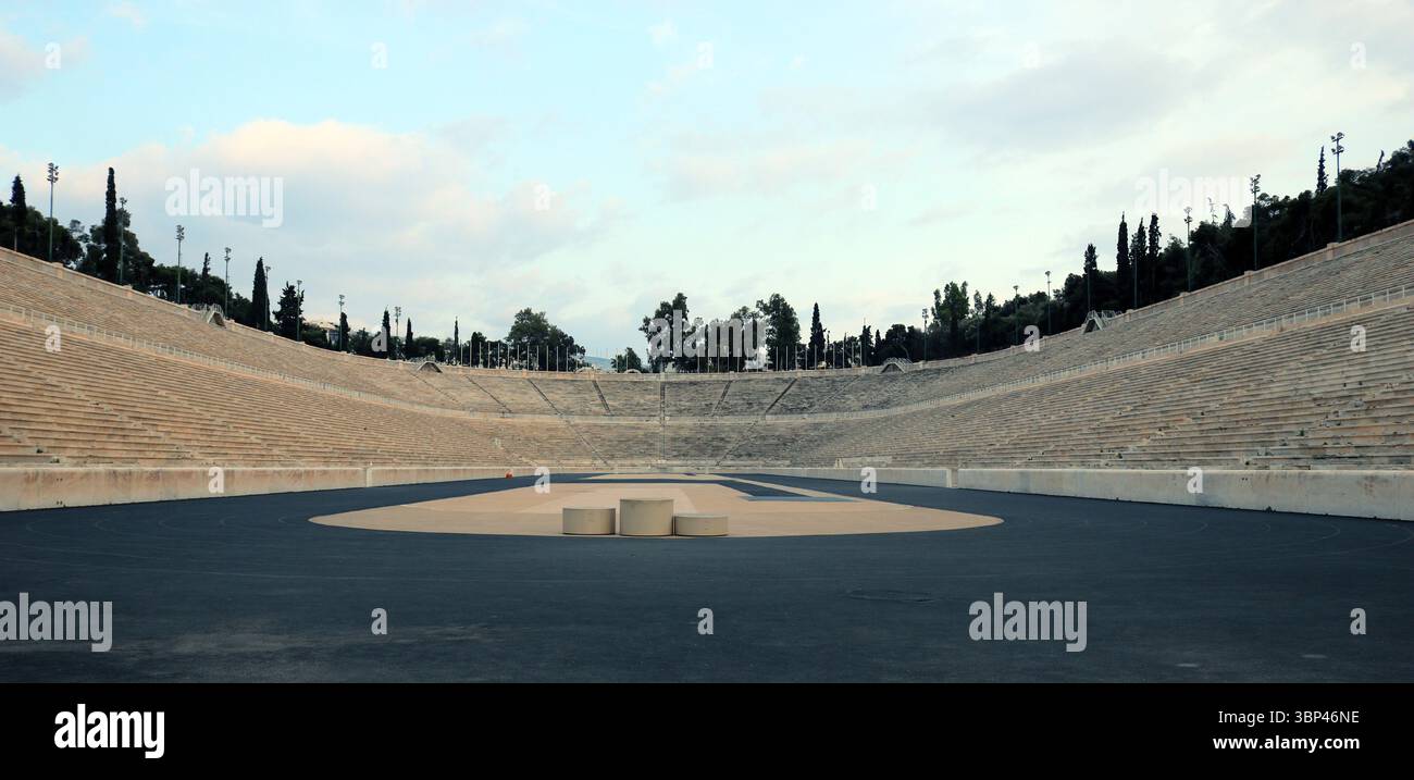 A photograph of the marble seating of the Panathenaic Stadium in Athens ...