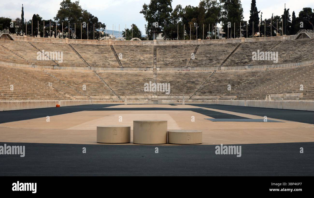 A photograph of the marble seating of the Panathenaic Stadium in Athens ...