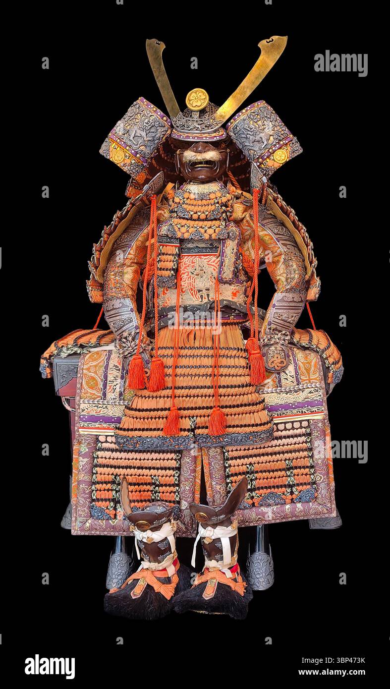 A photograph of an elaborate 18th-century Japanese samurai armour set ...