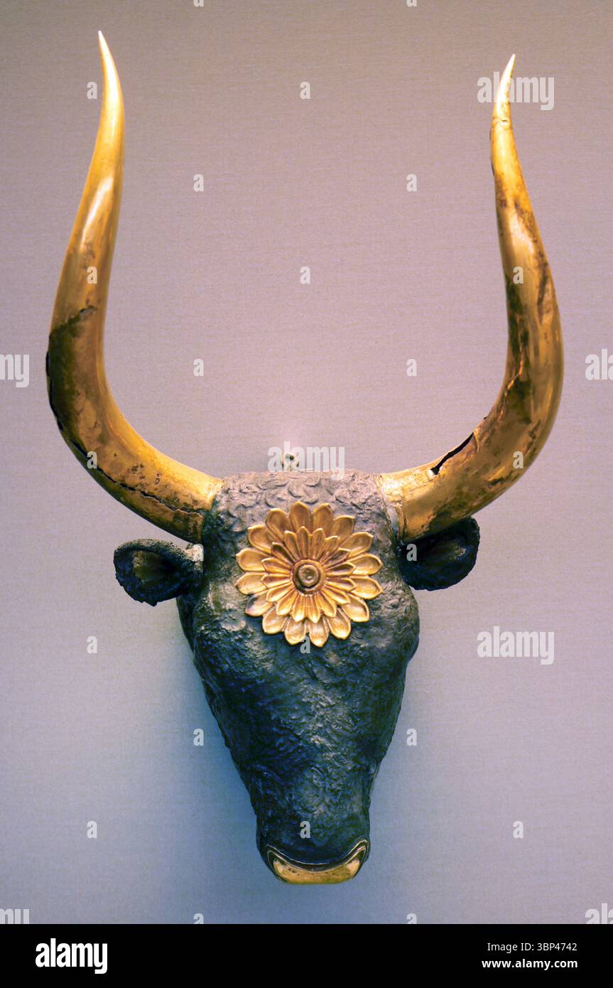A colour photograph of a Mycenaean bull rhyton, a ritual vessel with ...