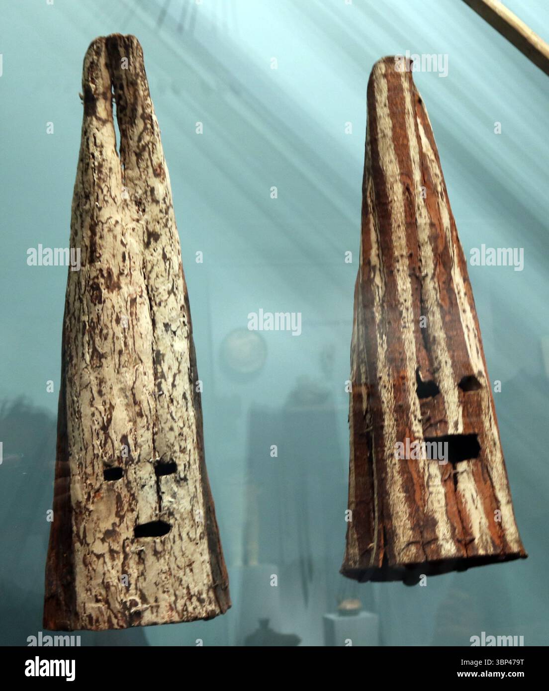 A photograph of two Yamana (Yaghan) ceremonial masks or head coverings ...