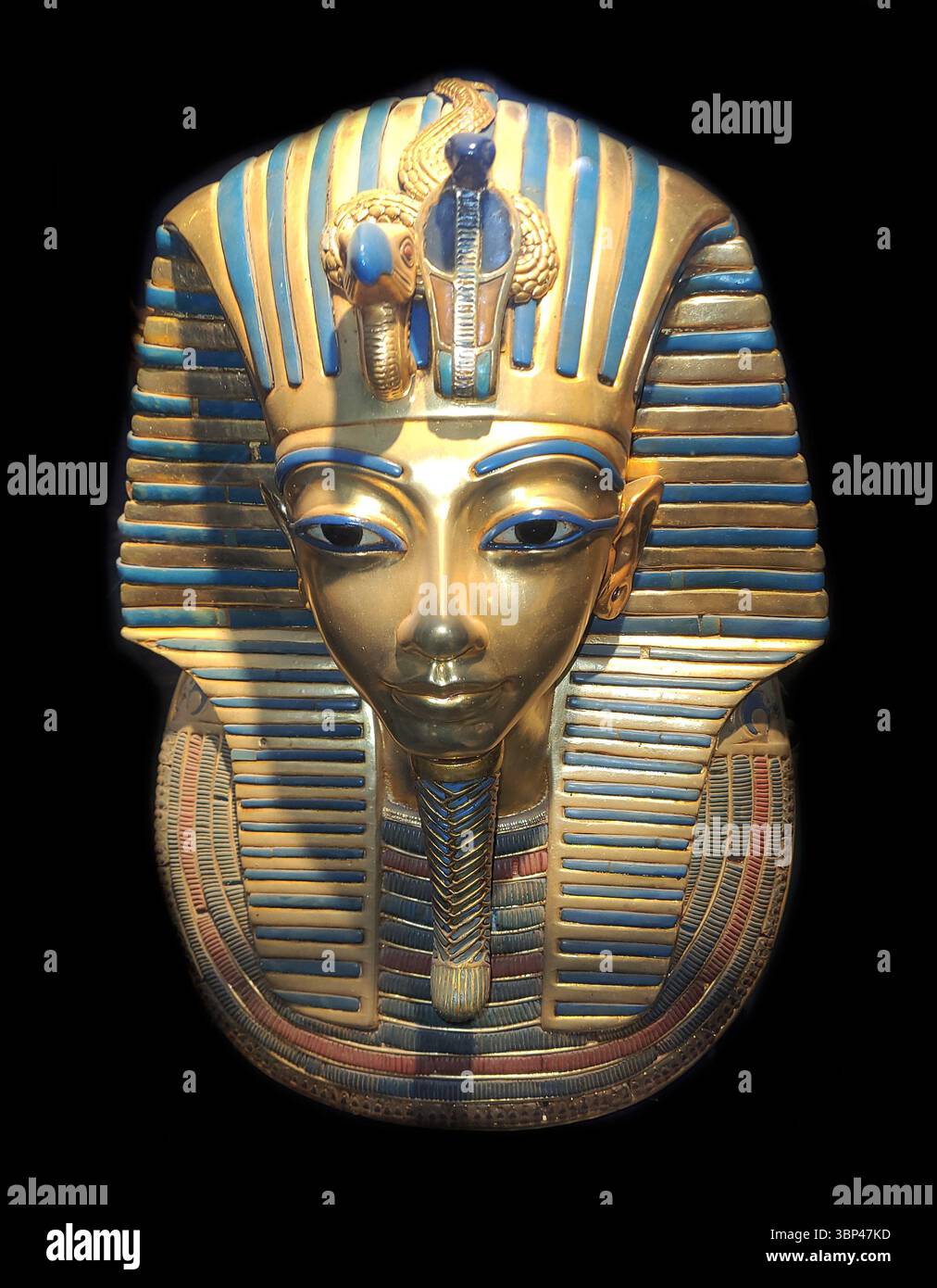 A photograph of the mask of Tutankhamun, a gold and lapis lazuli ...