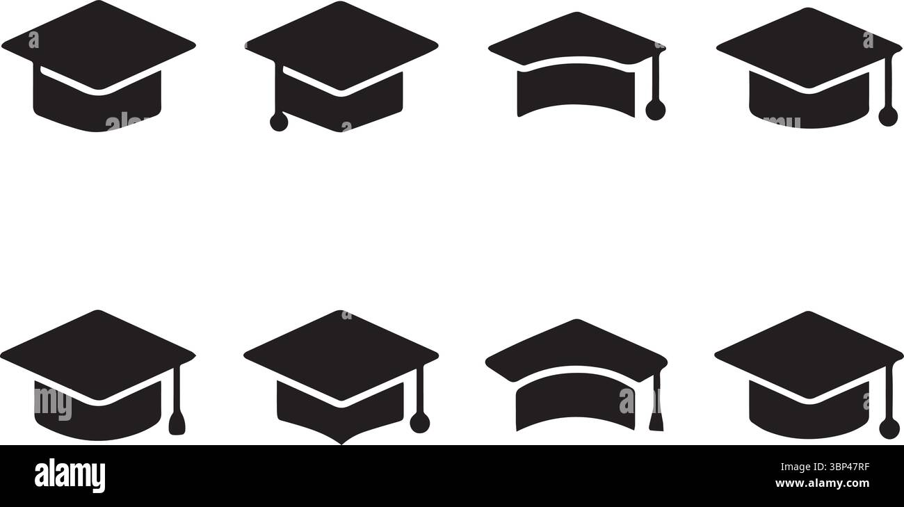 Set of Black Graduation Cap Silhouettes in Minimal Vector Style Stock ...