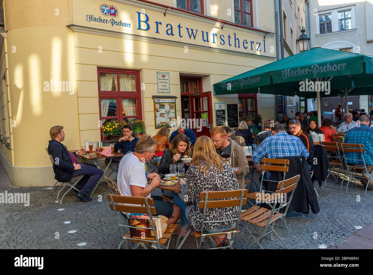 Munich, Germany, Large Crowd People, Sharing Meals on Terrace on Street ...