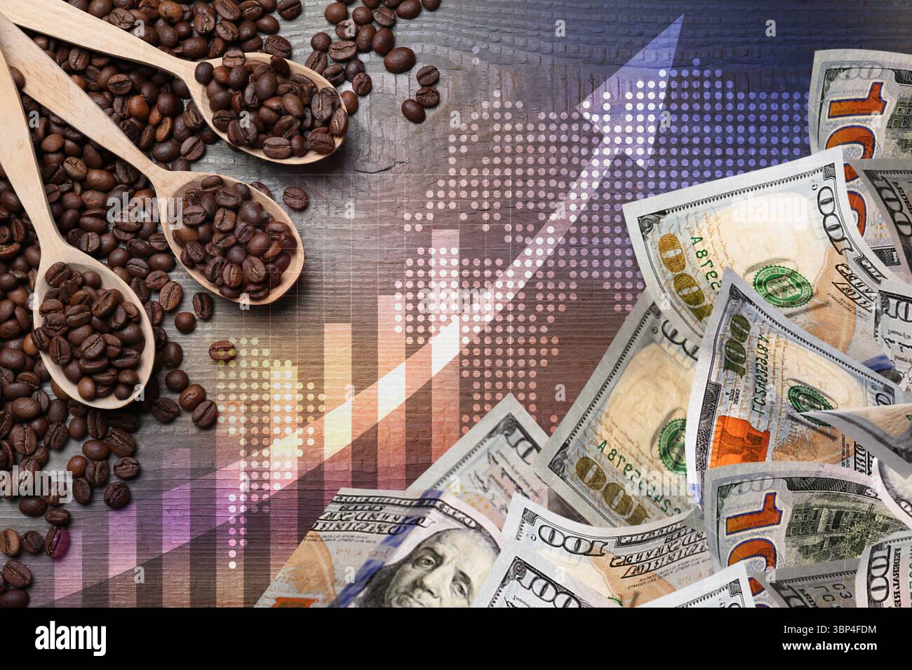 Coffee price rising. Dollars, roasted coffee beans, graph and world map ...