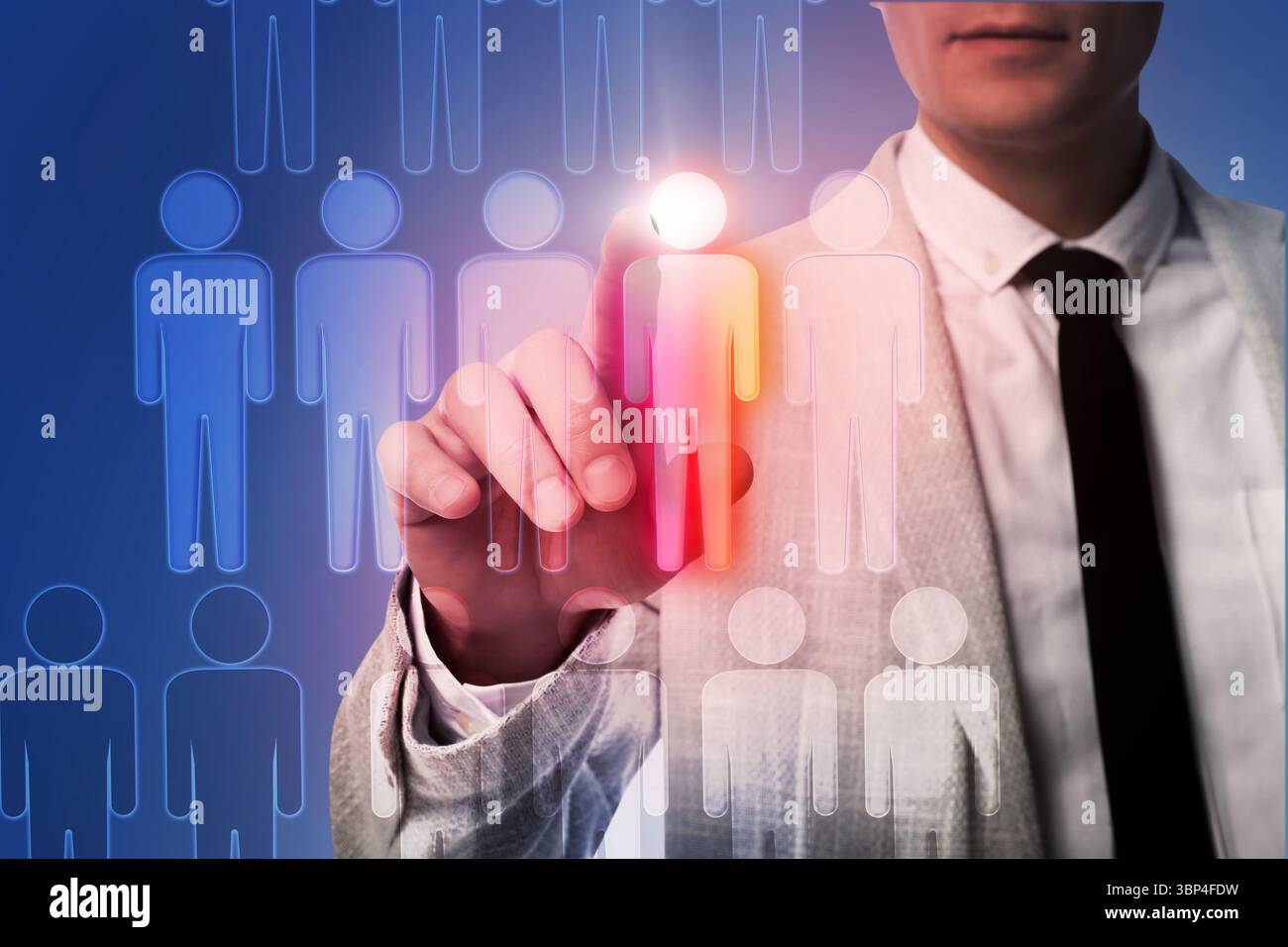 Dismissal. Businessman choosing human figure on virtual screen against ...