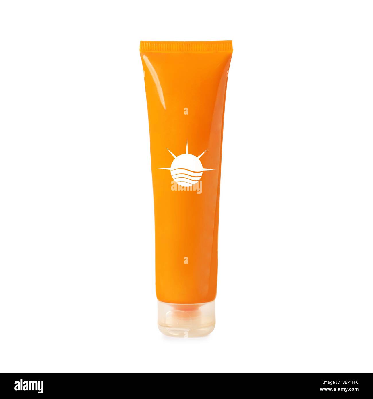 Sunscreen product in orange tube with drawing of sun isolated on white ...