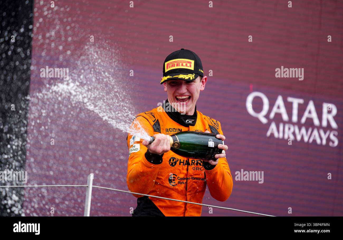 Rodin Motorsport's Alex Dunne celebrates his second place after the F2 ...