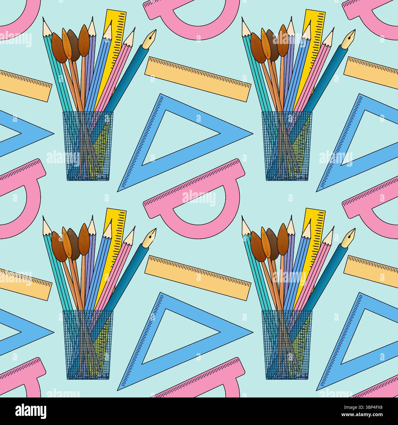 Seamless pattern with colorful school stationery with pencils ...