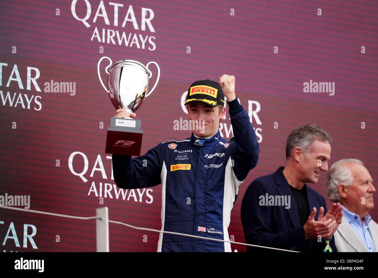 Hitech TGR's Luke Browning celebrates his third place after the F2 ...