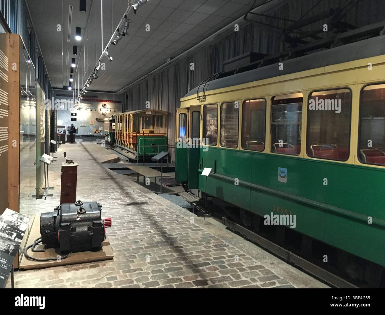 Interior views of the Helsinki Tram Museum’s historic depot, showcasing ...