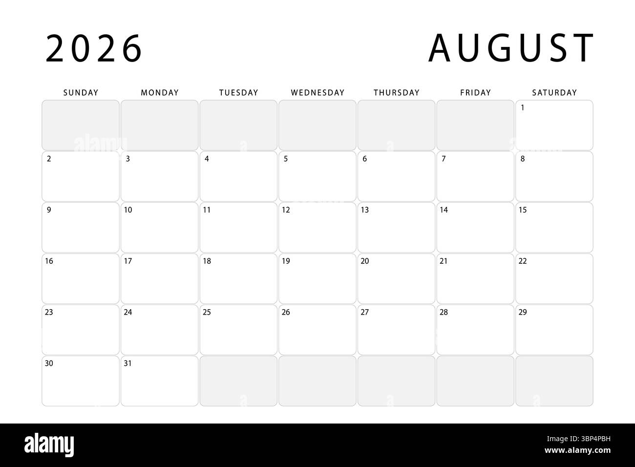 August 2026 calendar. Monthly planner template. Sunday start. Vector ...