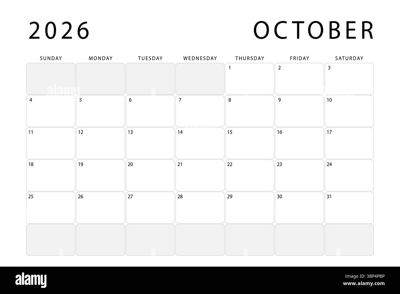 October 2026 calendar. Monthly planner template. Sunday start. Vector ...