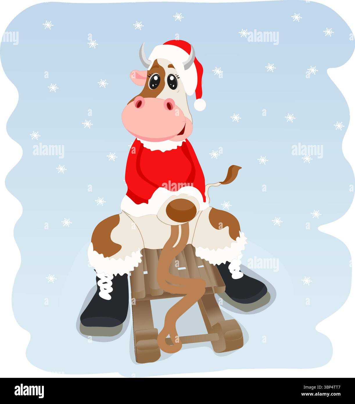 Cute Cartoon Bull a Santa hat sitting on a sled in the snow. Winter ...