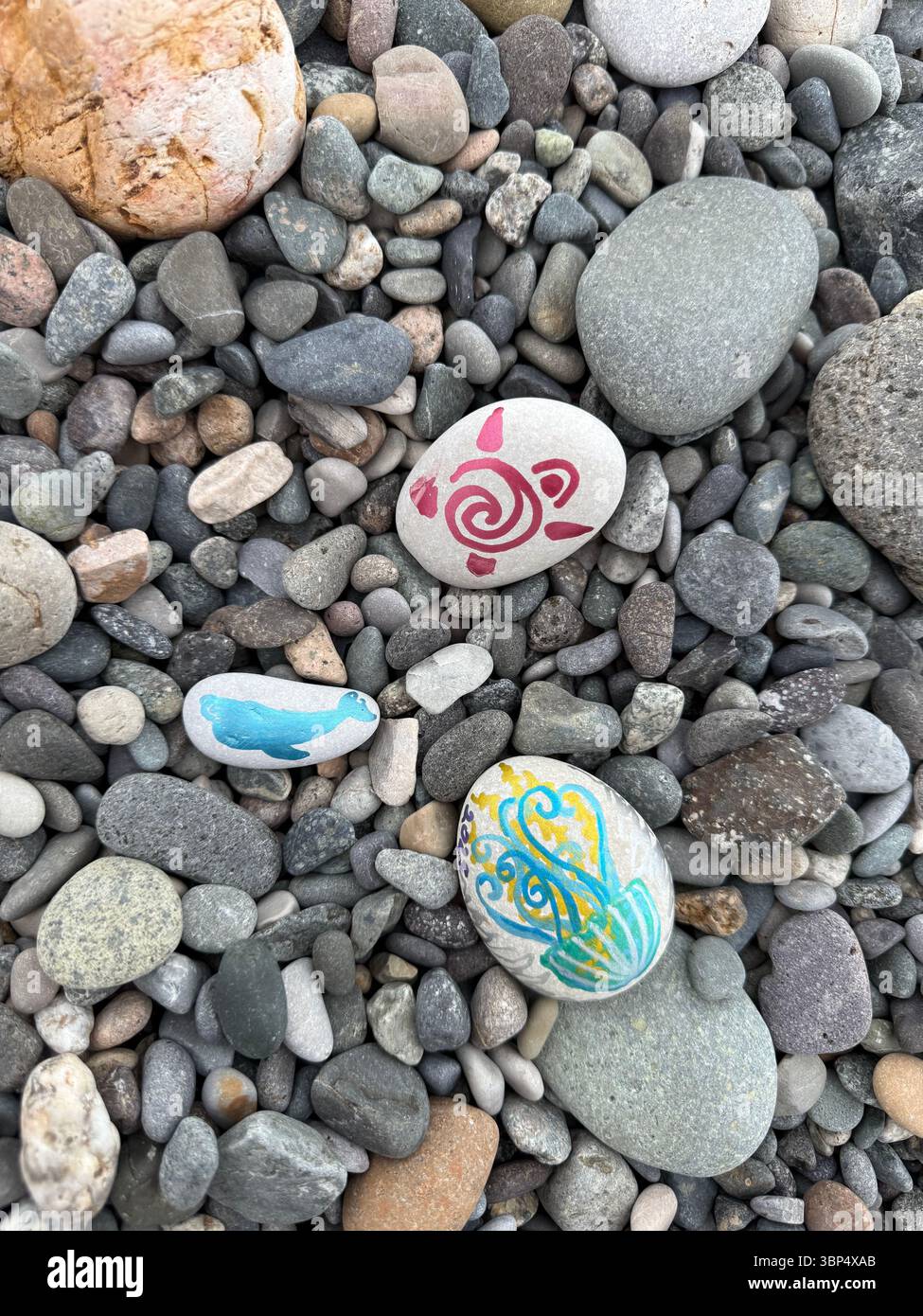 This image shows a collection of variously sized beach pebbles ...