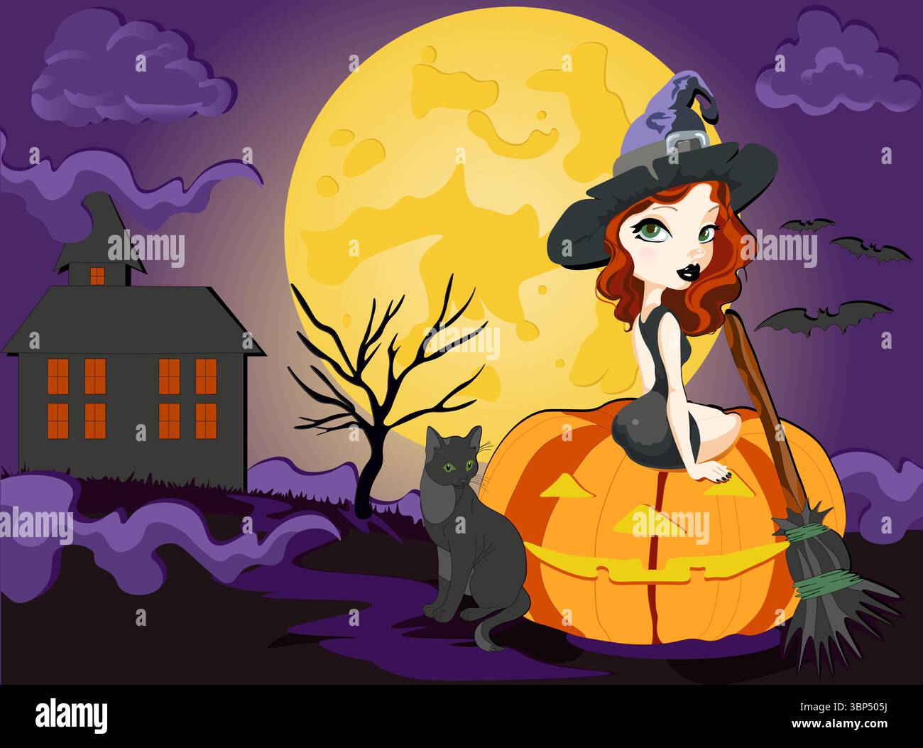 Halloween greeting card beautiful lady witch sitting on the pumpkin ...