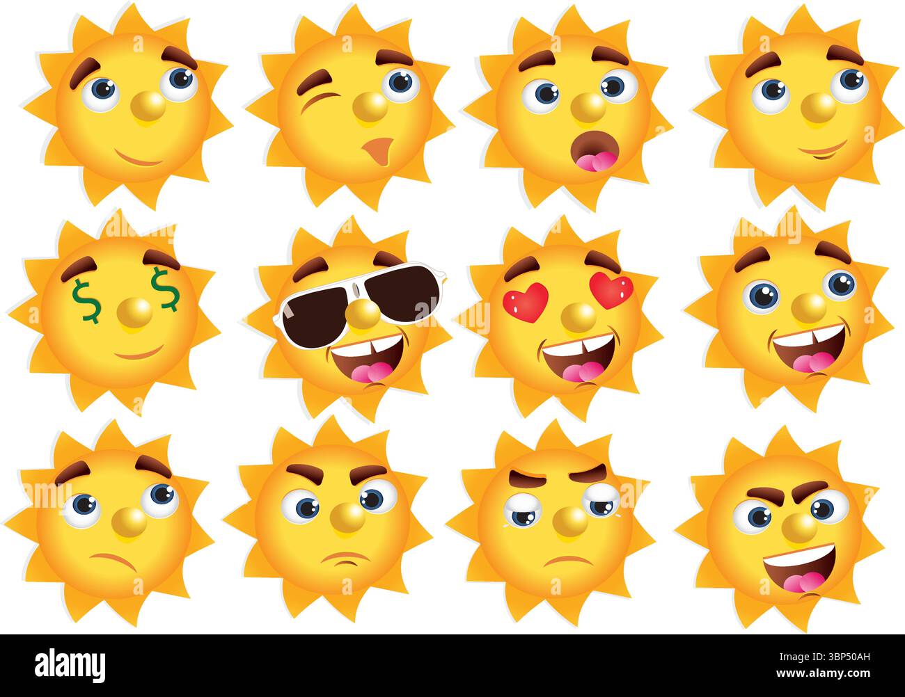 Cute sun flat vector illustrations set. Yellow childish sunny emoticons ...