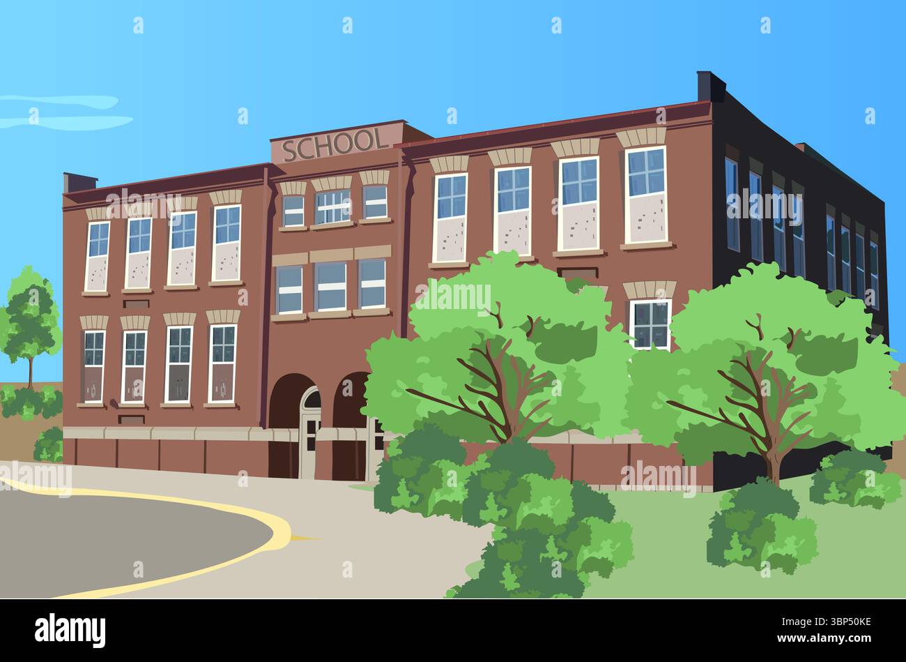 School building front view with green lawn Stock Vector Image & Art - Alamy