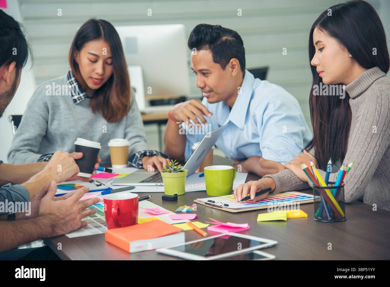 Creative design office center working teamwork. Happy business people ...