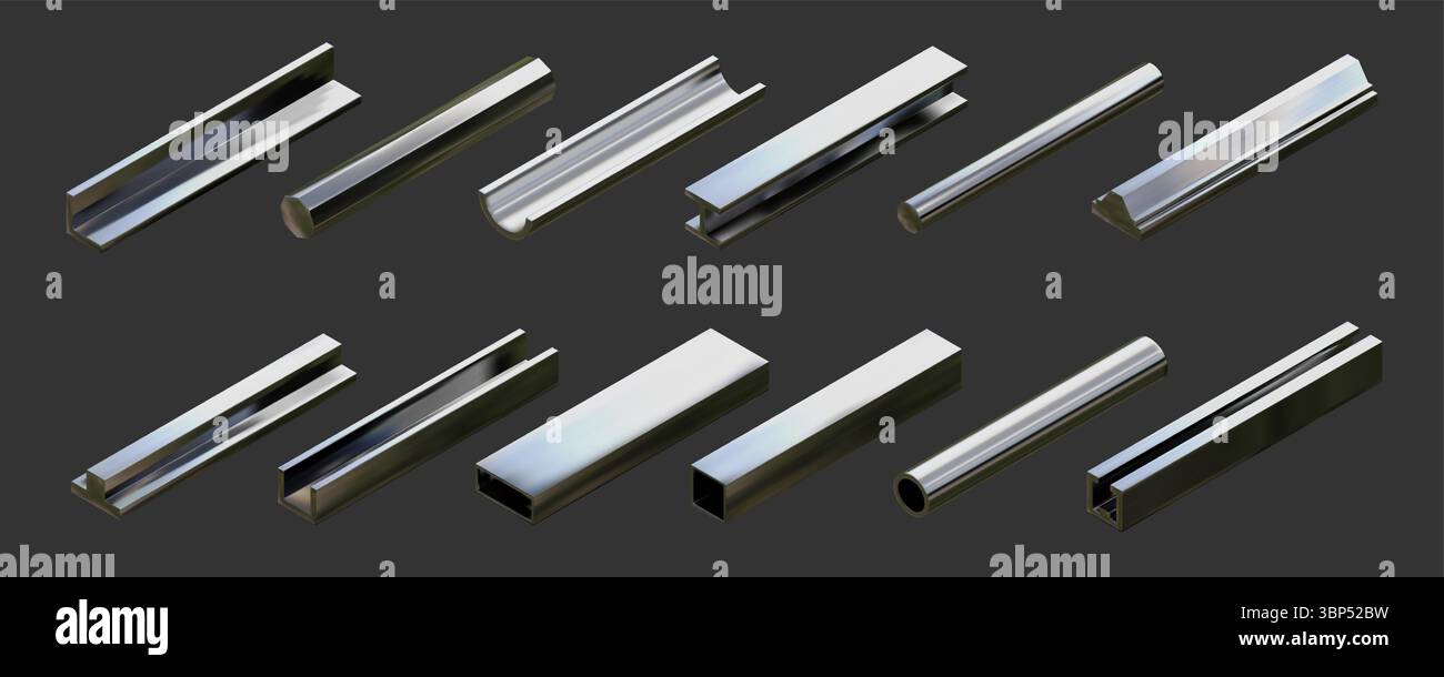 Steel tube. Aluminium isometric profile. 3D chrome metal bar or square ...