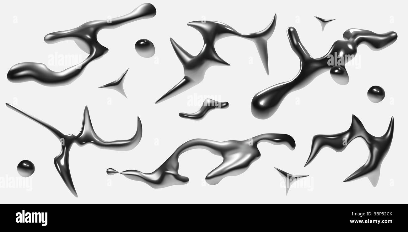 Liquid chrome. Abstract metal Y2k shapes. Silver fluid hologram ...