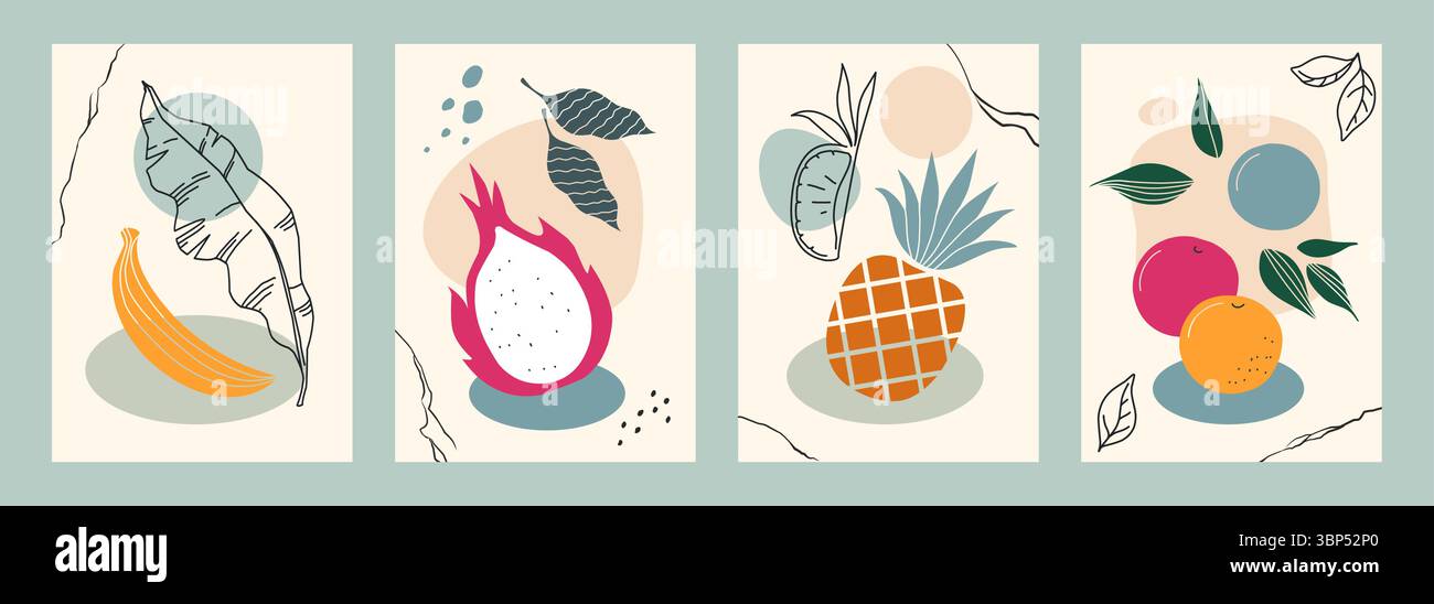 Abstract fruit posters. Banana and pineapple, fresh oranges and exotic ...