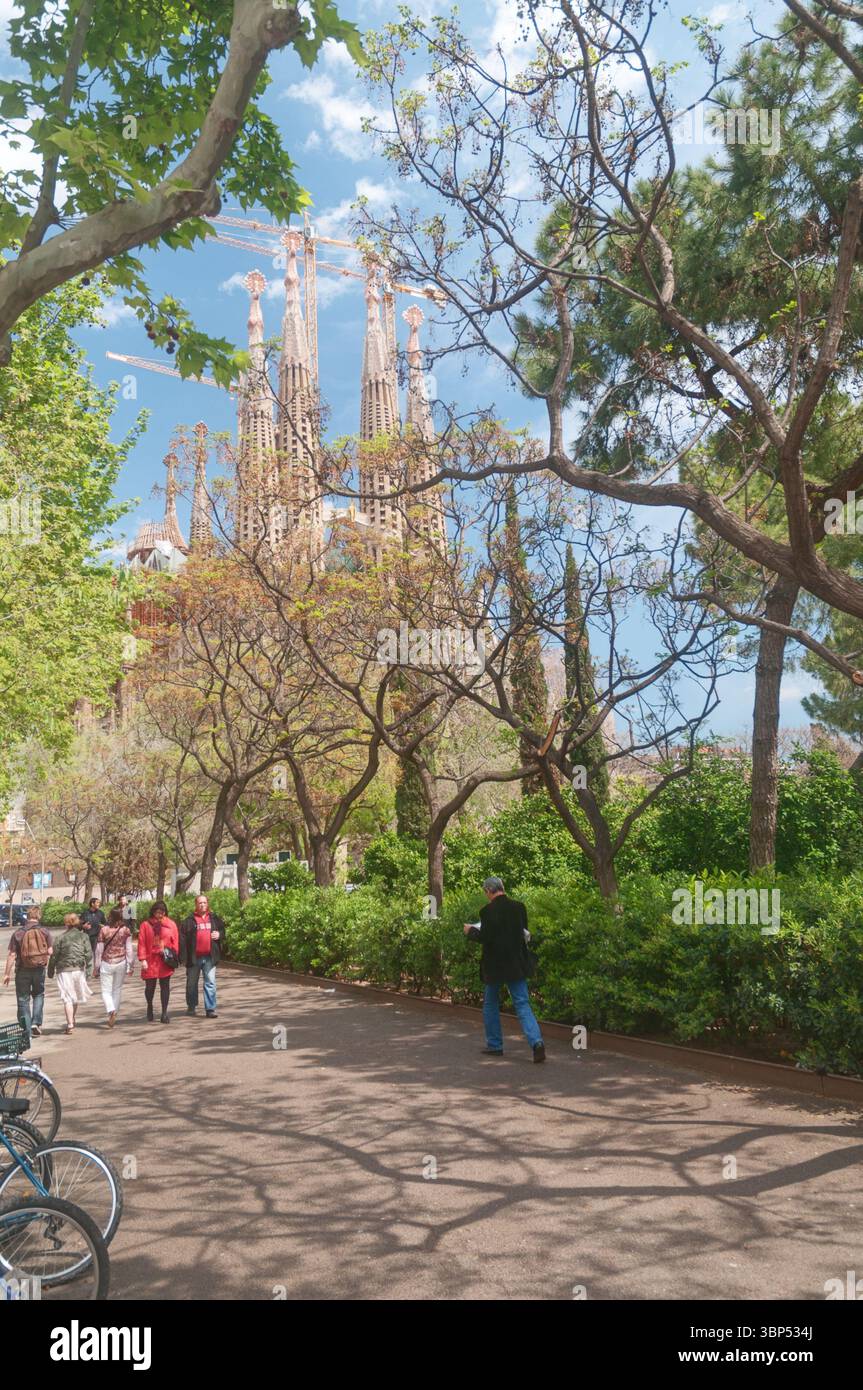 The towers of the Sagrada Familia in Barcelona Spain seen through trees ...