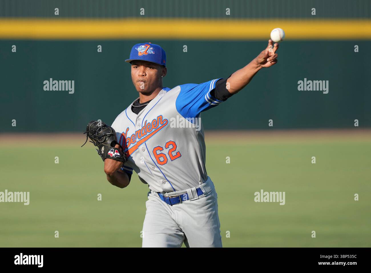 Starting pitcher Luis De Leon (62) of the Aberdeen IronBirds warms up ...